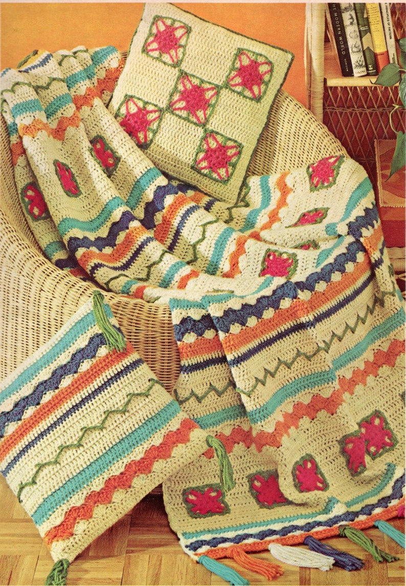 Folk Art Afghan and 2 Pillows Crochet Pattern Southwest Aztec Afghan ...