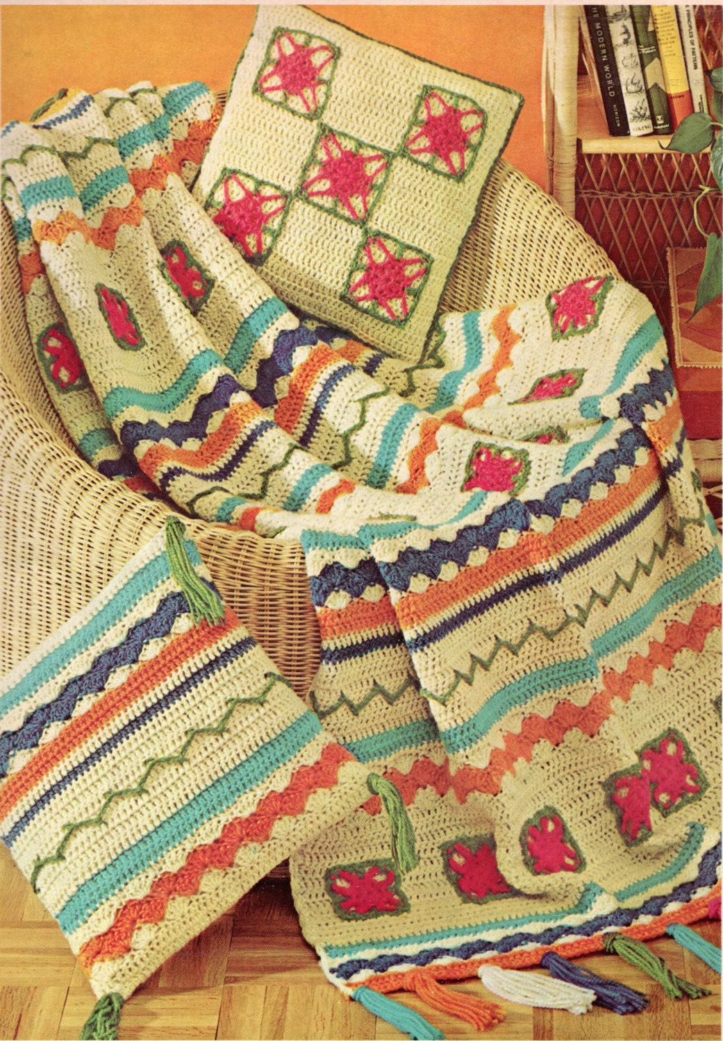 Folk Art Afghan and 2 Pillows Crochet Pattern Southwest Aztec Afghan ...