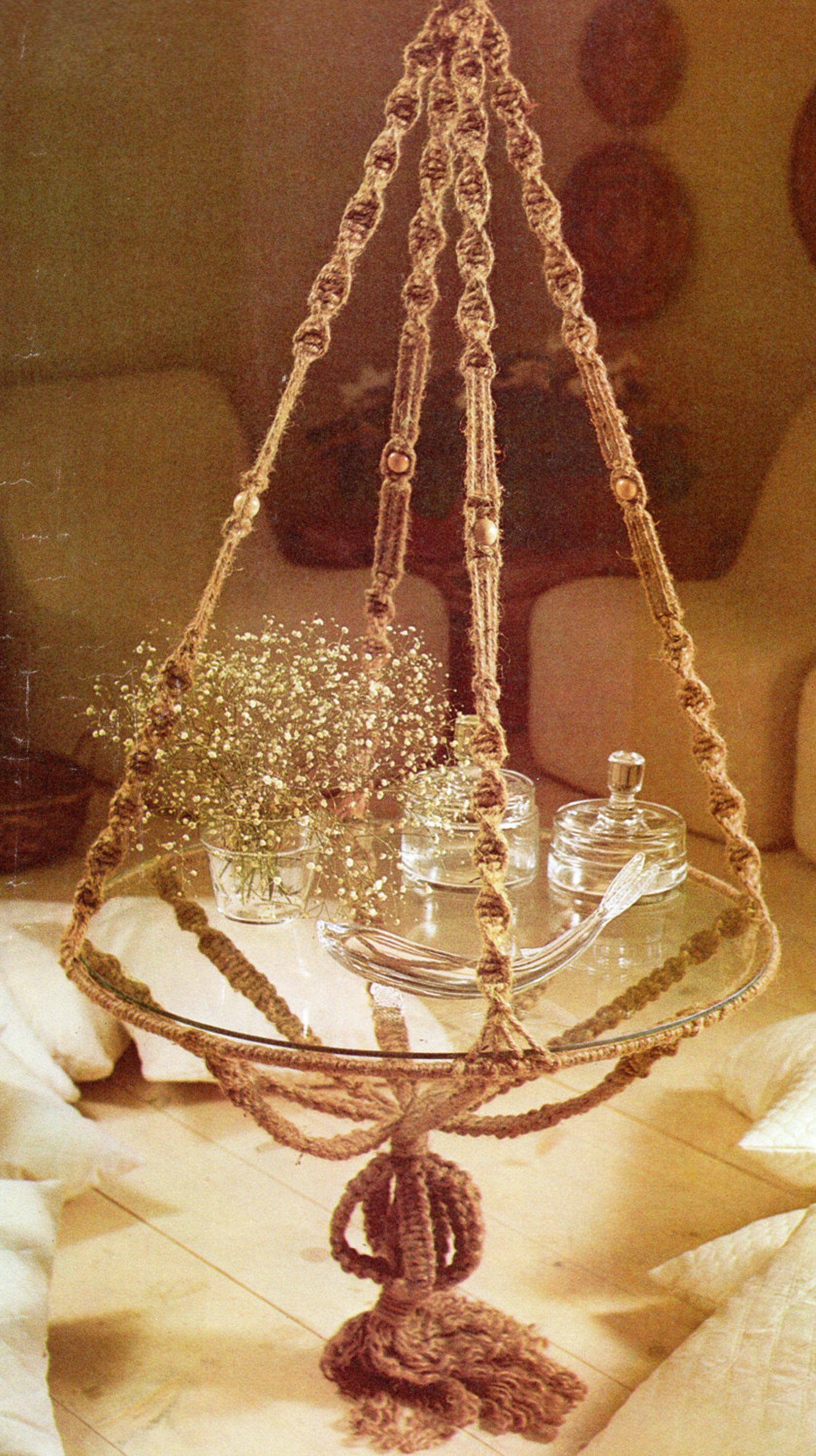 Vintage Macrame Hanging Table Pattern Table With Glass and Beads ...