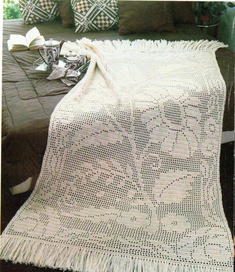 Filet Crochet Flower and Leaves Fringe Afghan Crochet Pattern Daisy ...