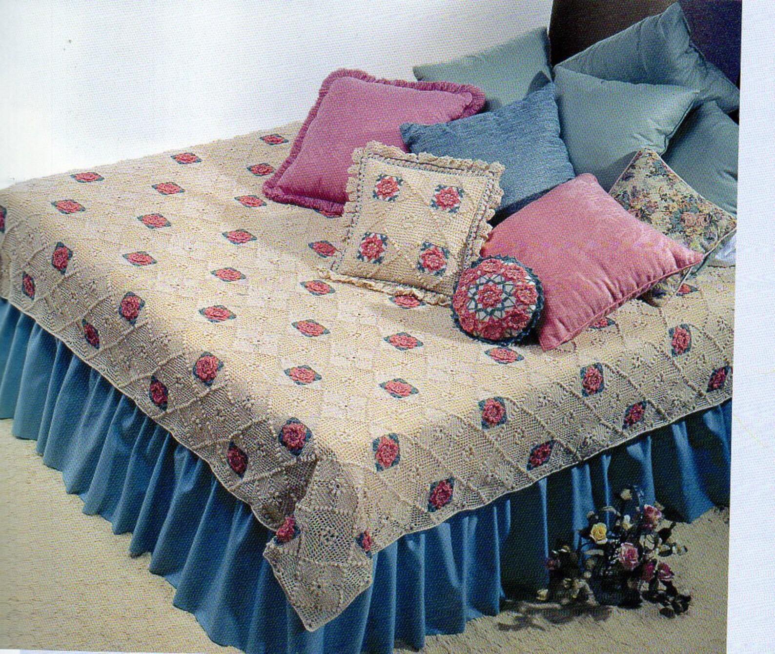 Rosebud Afghan Bedspread and Pillows Crochet Pattern Rose Flowers ...