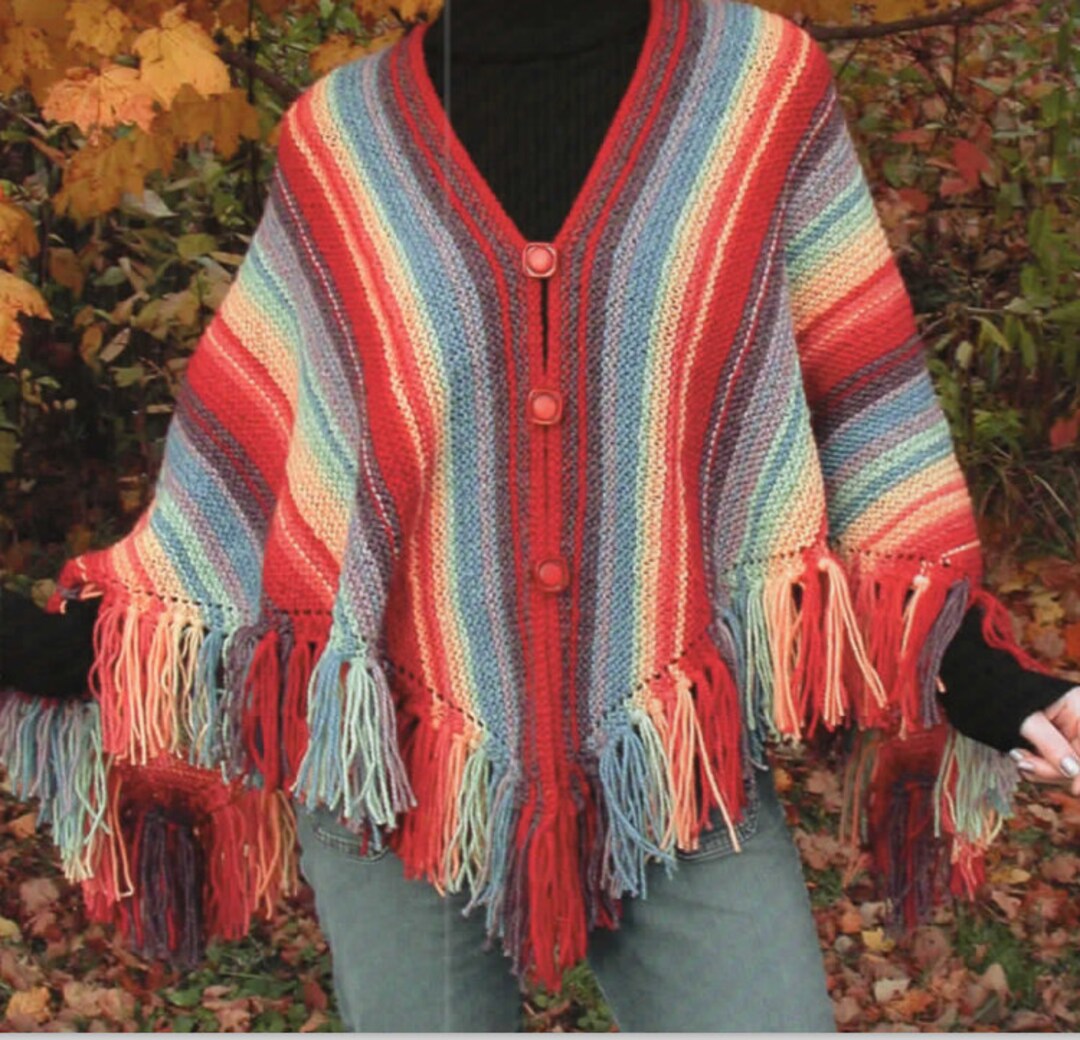 Rainbow Fringe Poncho Knitting Pattern Vintage Poncho Knitting Pattern ...