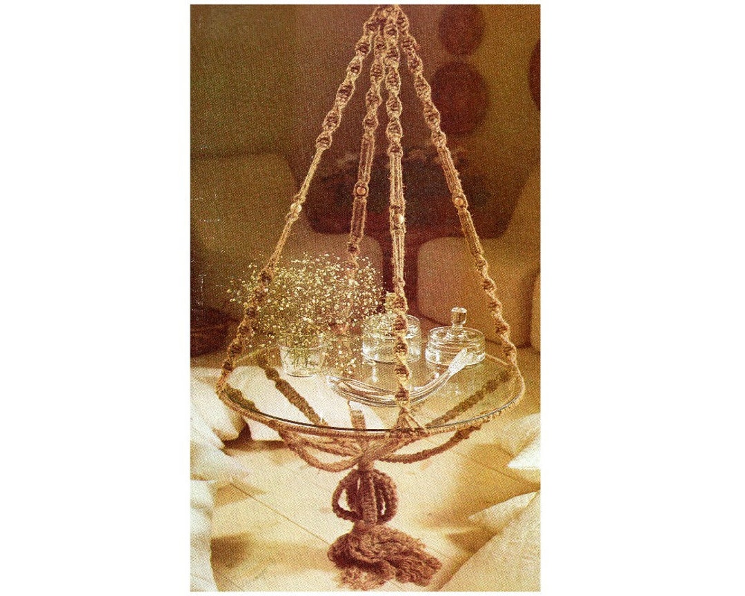 Vintage Macrame Hanging Table Pattern Table With Glass and Beads ...