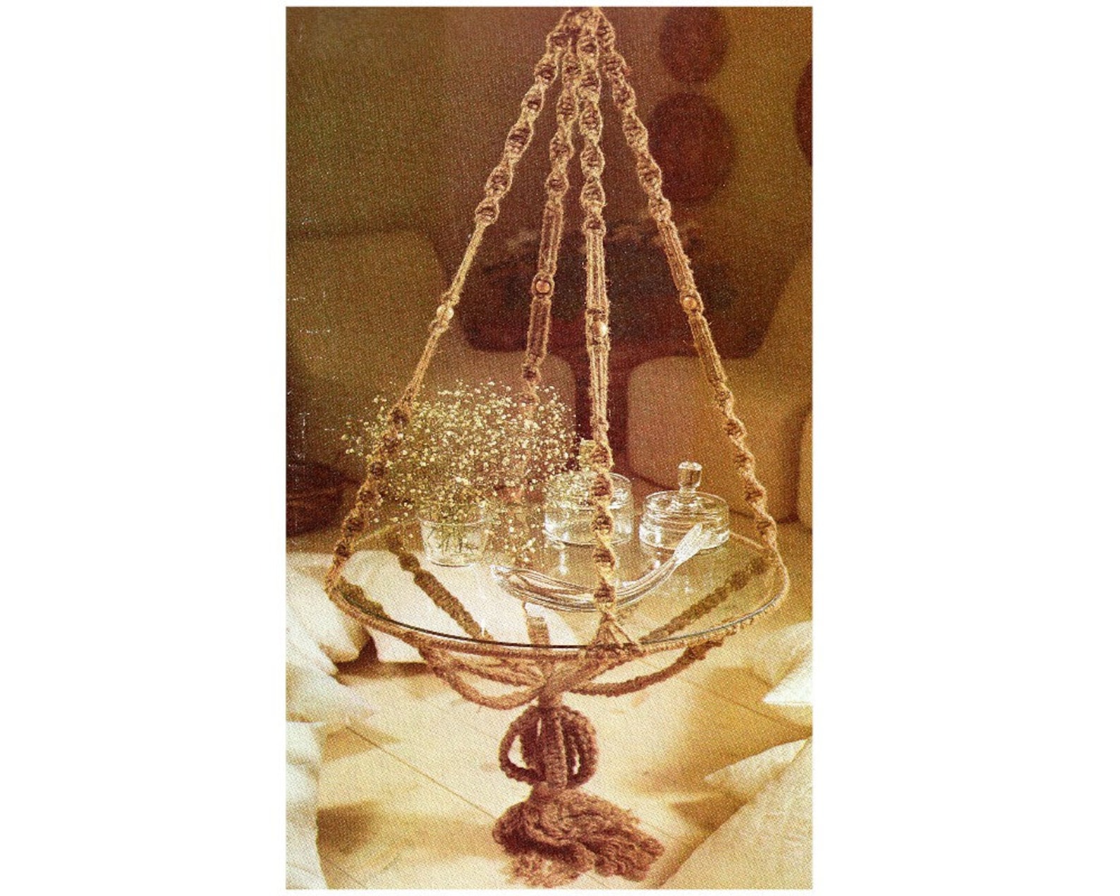 Vintage Macrame Hanging Table Pattern Table With Glass and Beads ...