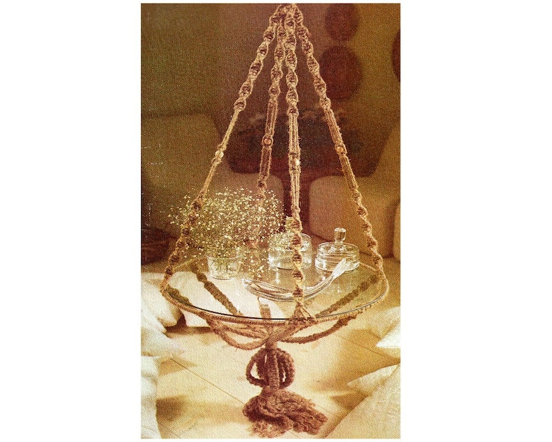 Vintage Macrame Hanging Table Pattern Table With Glass and Beads ...