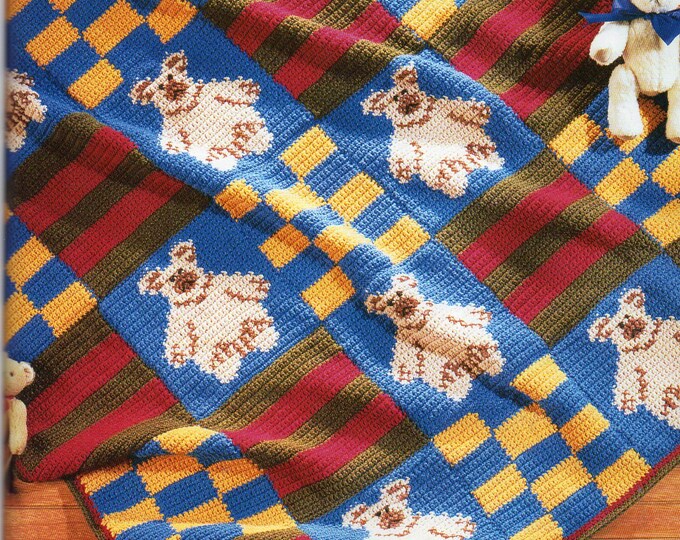 Vintage Filet Crochet Pattern Baby Bear Blocks and Bows Blanket Afghan ...