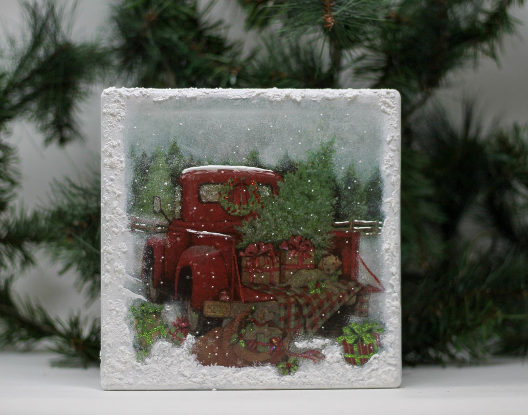Decoupage Glass Block Night Light, Red Truck Christmas Decor - Etsy