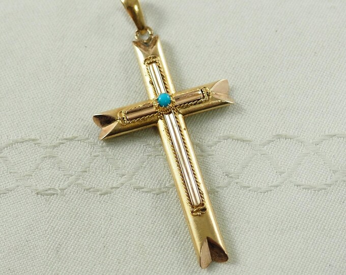 Antique Cross Pendant 14K Yellow Gold Victorian, Set With a Turquoise ...