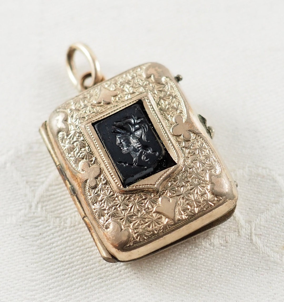 Antique Victorian Gold Filled Locket Fob, Obsidian Warrior Intaglio ...