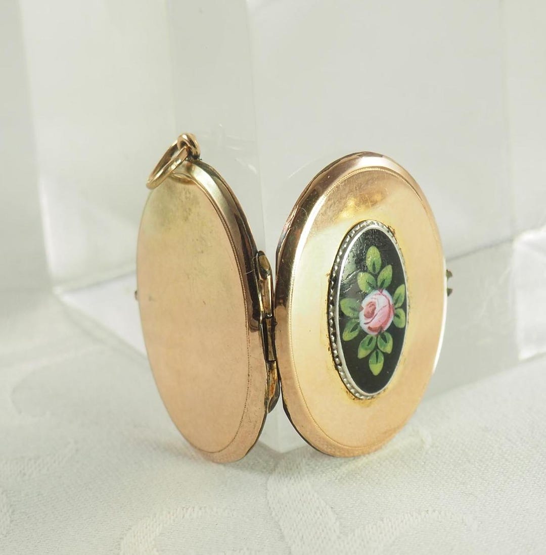 Antique Victorian Oval Locket in Gold Filled and Enamel, Yellow Tone ...
