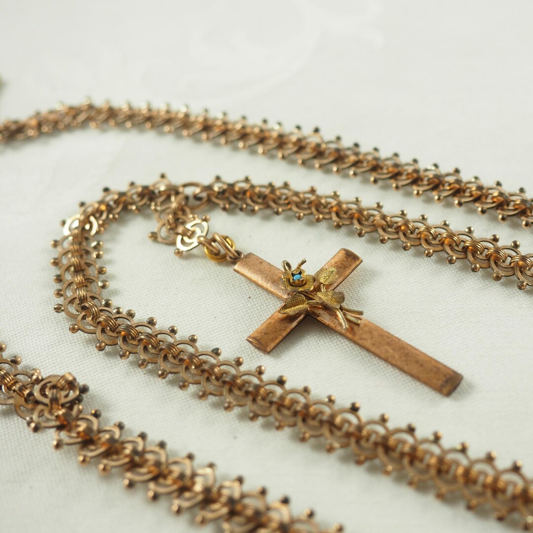 Antique Victorian Gold Filled Book Chain Necklace With Cross Pendant ...