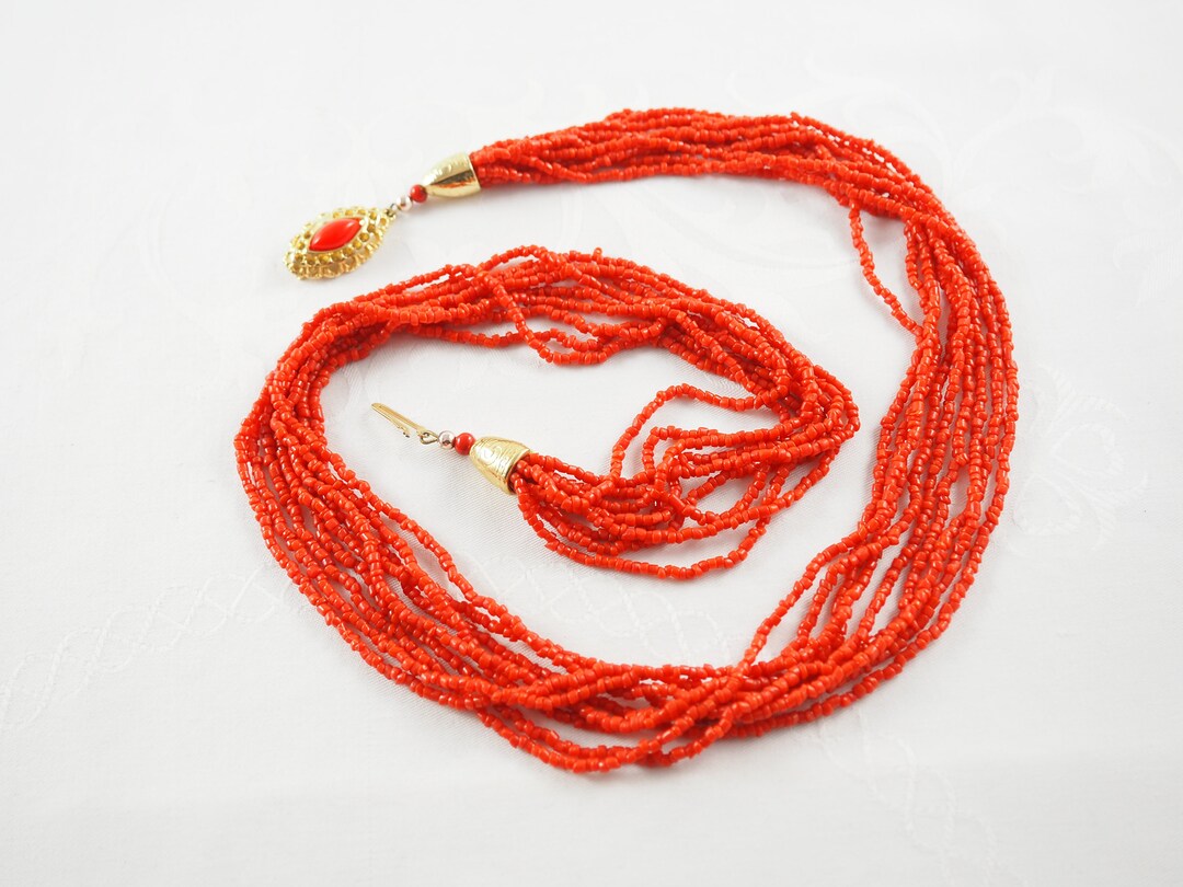 Vintage Red Coral Torsade Necklace, 9-row Beaded Strand, Gold Tone ...