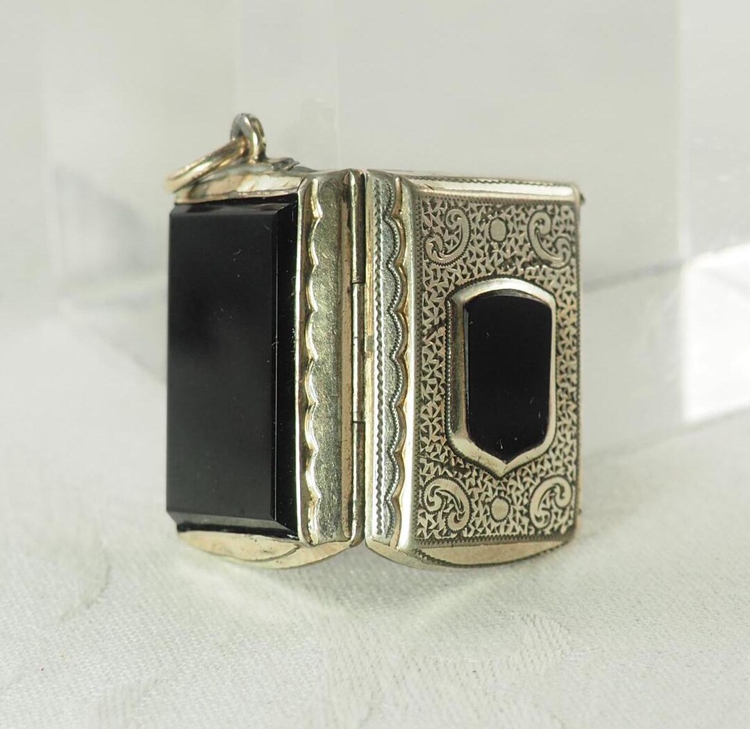 Antique Victorian Gold Filled Onyx Locket, Obsidian Shield Cartouche ...