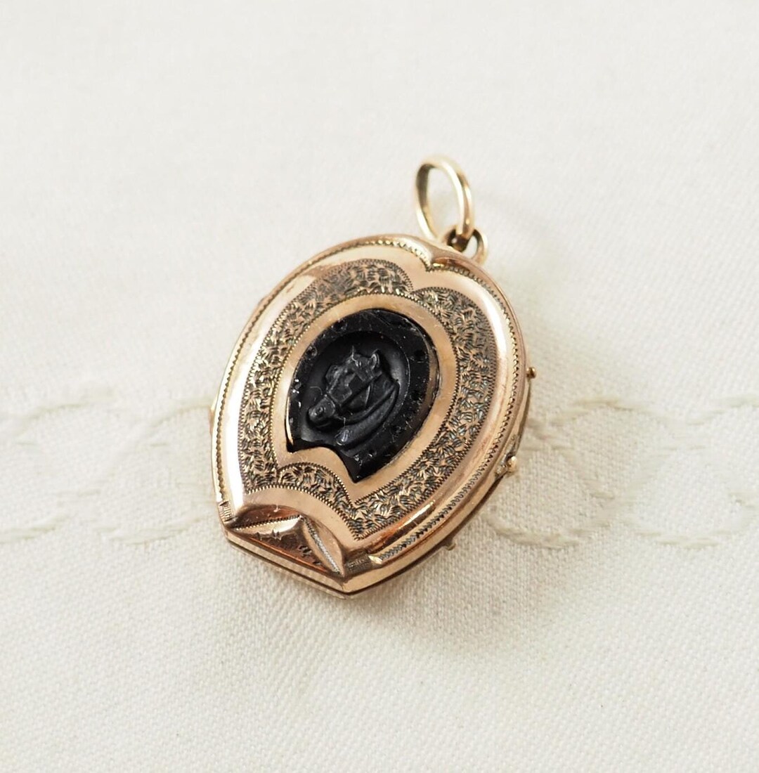 Antique Victorian Gold Filled Horseshoe Locket, Pressed Glass Cameo ...