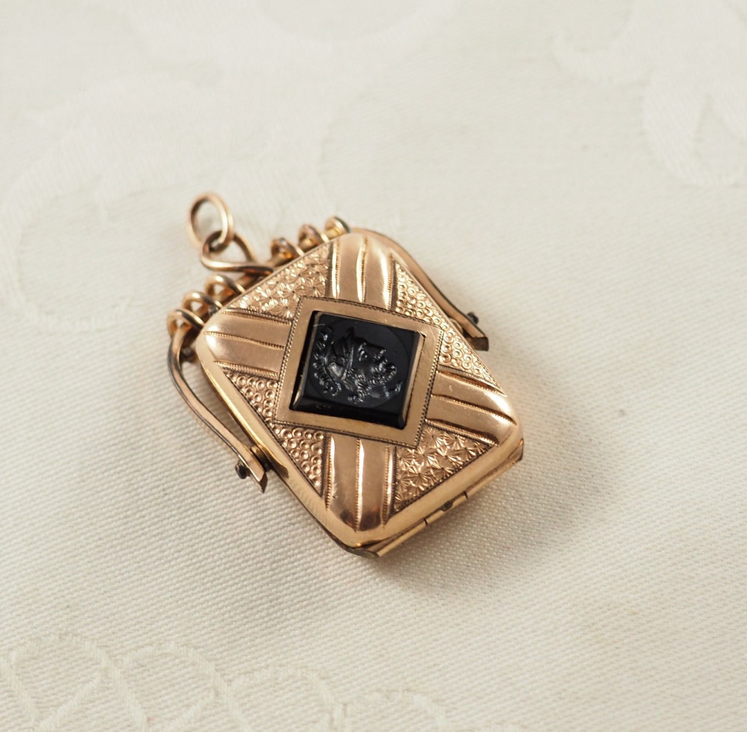 Antique Victorian Swivel Locket in Gold Filled, Obsidian Intaglio of a ...