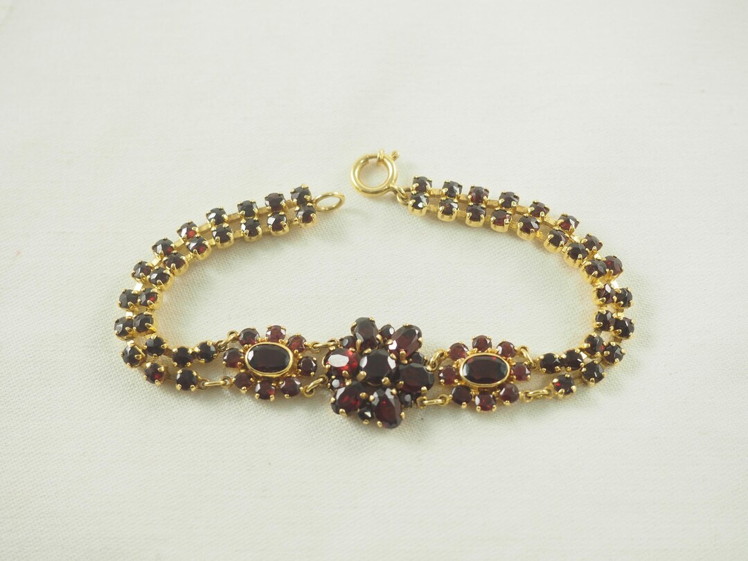 Art Deco Bohemian Garnet and Gold Plated Bracelet, Facet Cut Garnets ...