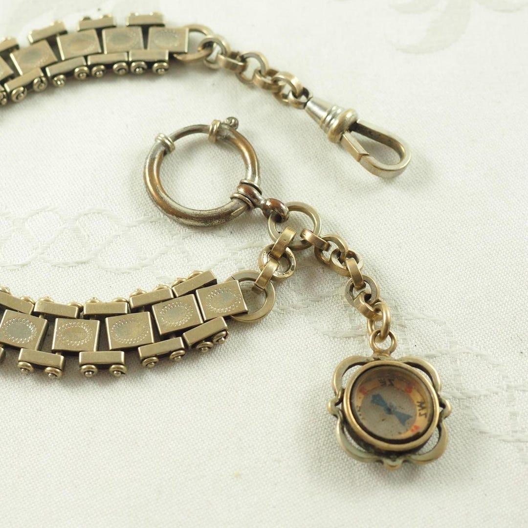 Antique Edwardian Silver Plated Pocket Watch Chain, Compass Fob ...