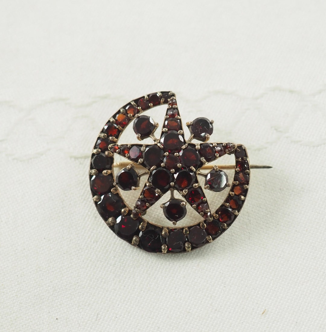 Antique Victorian Bohemian Garnet Half Moon and Star Honeymoon Brooch ...