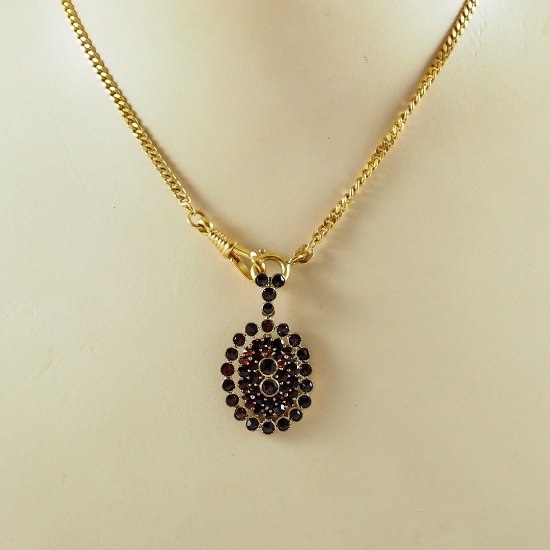 Art Deco Bohemian Garnet and Gold Plated Oval Pendant, Rose Cut Garnets ...