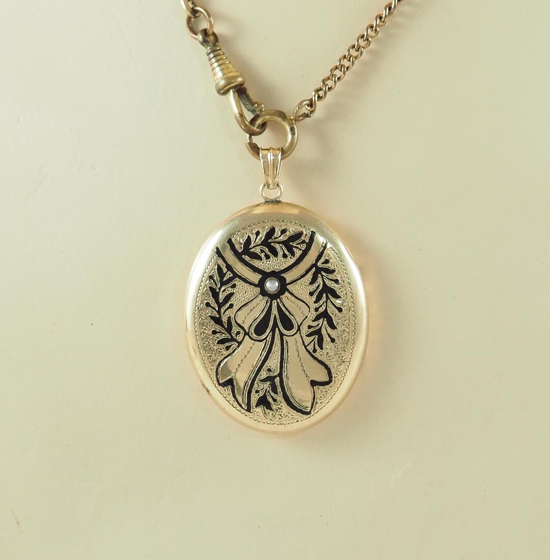 Victorian Locket Back Pendant, 14K Gold and Black Enamel, Large Size ...