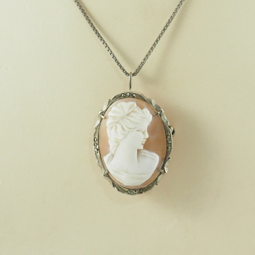 Antique Edwardian Oval Shell Cameo Brooch Pendant, 800 Standard Silver ...