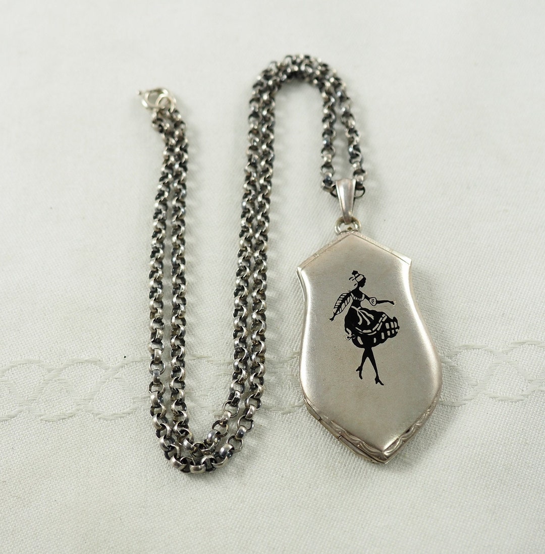 Art Deco Alpaca Silver Metal and Enamel Locket and Silver Chain, Black ...