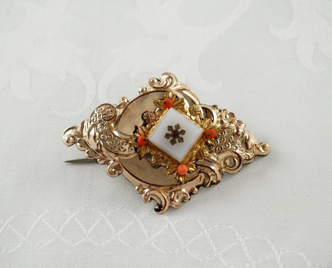 Antique Victorian Gold Filled Stomacher Brooch With White Agate Panel ...
