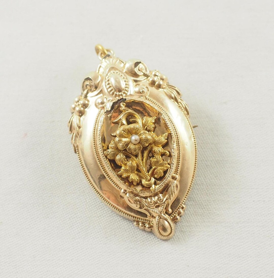 Antique Victorian 14K Gold Front Locket Pendant/brooch, Silver Back ...