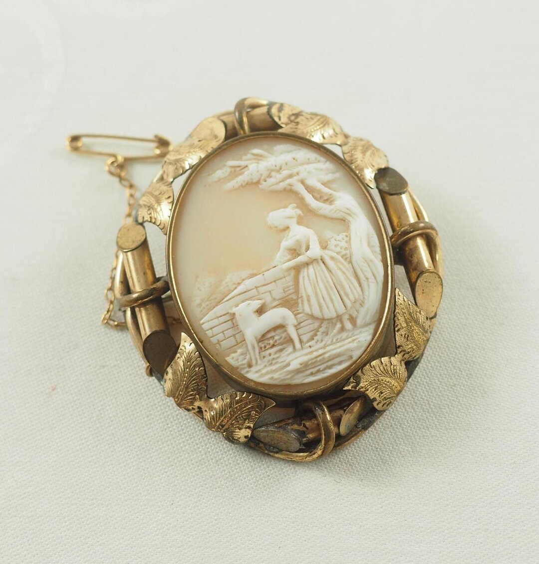 Antique Victorian Cameo Brooch Rebecca at the Well, Gold Filled Foliate ...