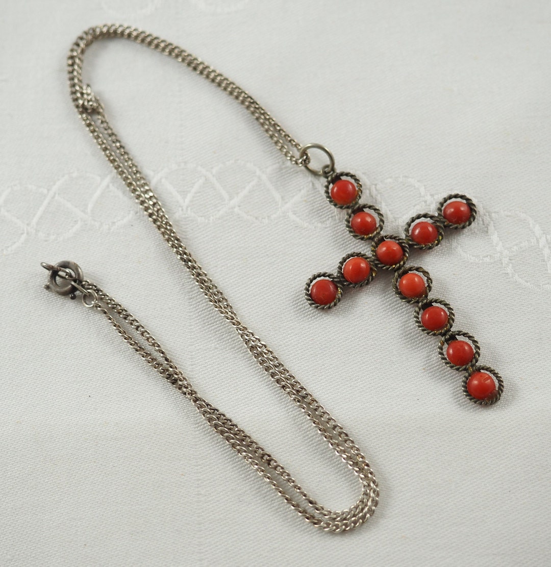 Antique Victorian Red Coral Cross Pendant: 800 Silver Chain, Germany ...
