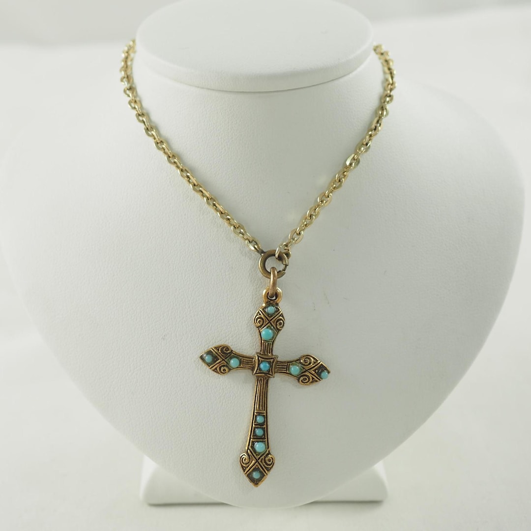 Retro Vintage Victorian Style Cross Pendant, Gold Fille, Turquoise ...