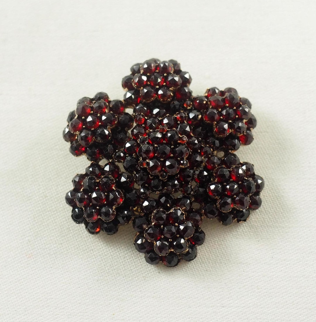 Antique Victorian Bohemian Garnet Brooch, Rose Cut Cluster, Pinchbeck ...