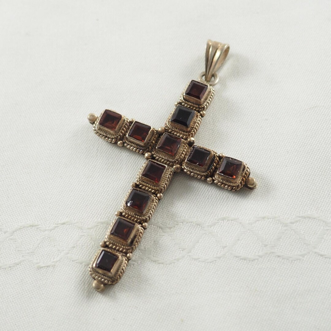 Vintage Medieval Style Garnet and Sterling Silver Cross Pendant, 12 ...