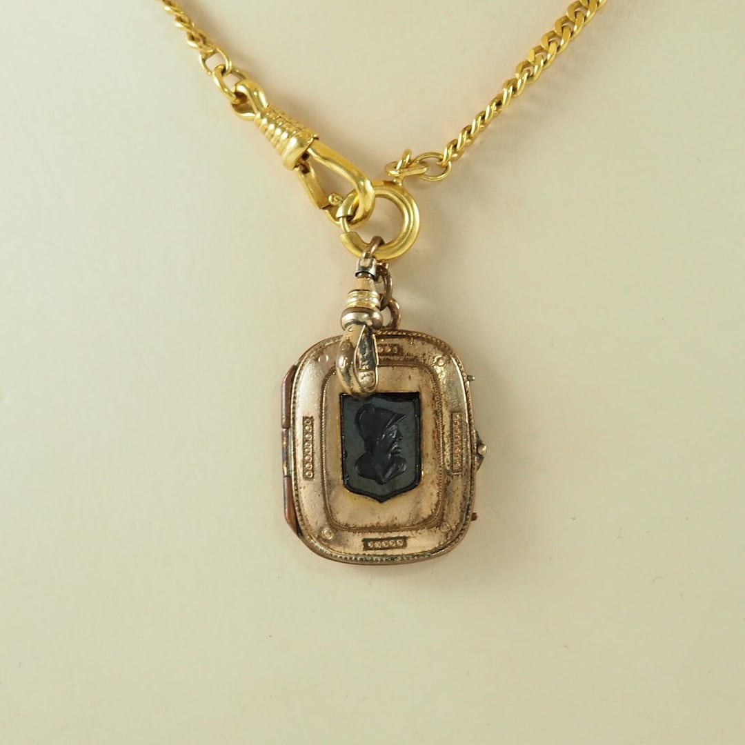 Antique Victorian Gold Filled Locket Fob, Obsidian Warrior Intaglio ...