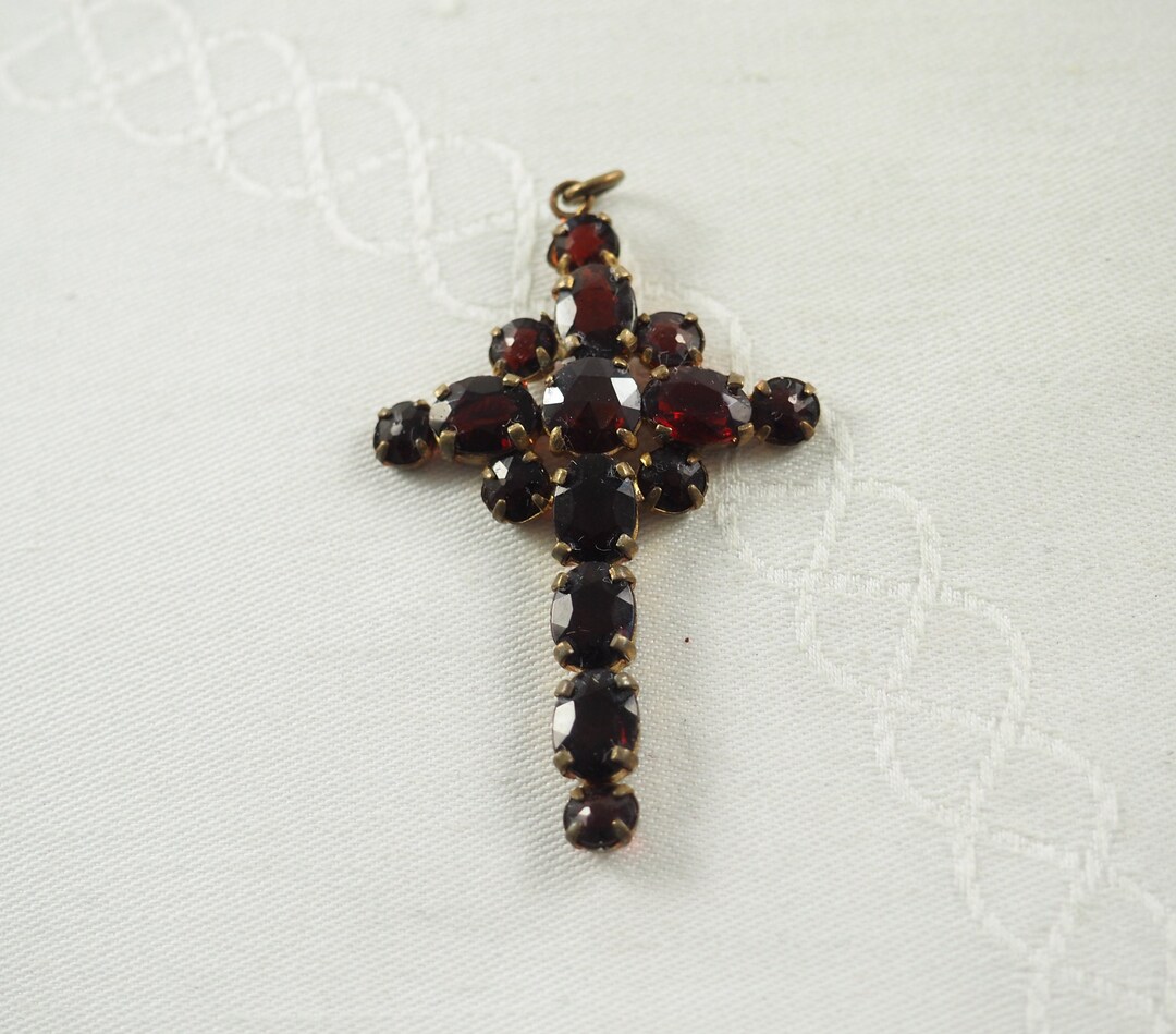 Antique Victorian Bohemian Garnet Cross Pendant, in Gilt Metal, 15 ...