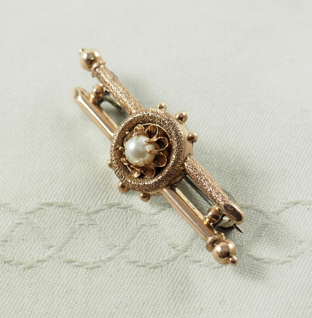 Victorian Bar Brooch, 14k Gold Front, Base Metal Form, Cultured Pearl ...
