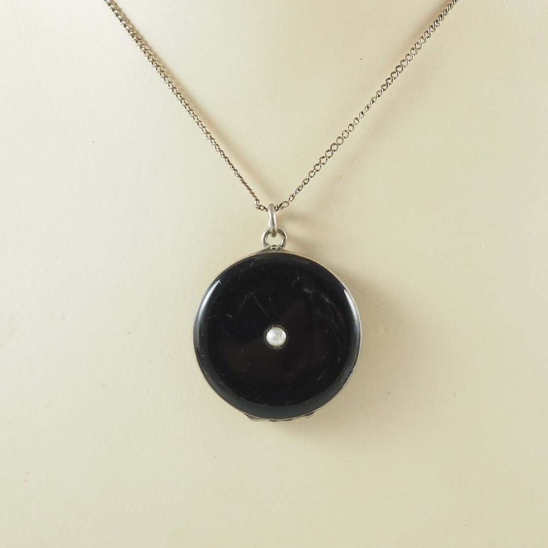 Antique Victorian 800 Silver and Black Enamel Circular Locket, Central ...