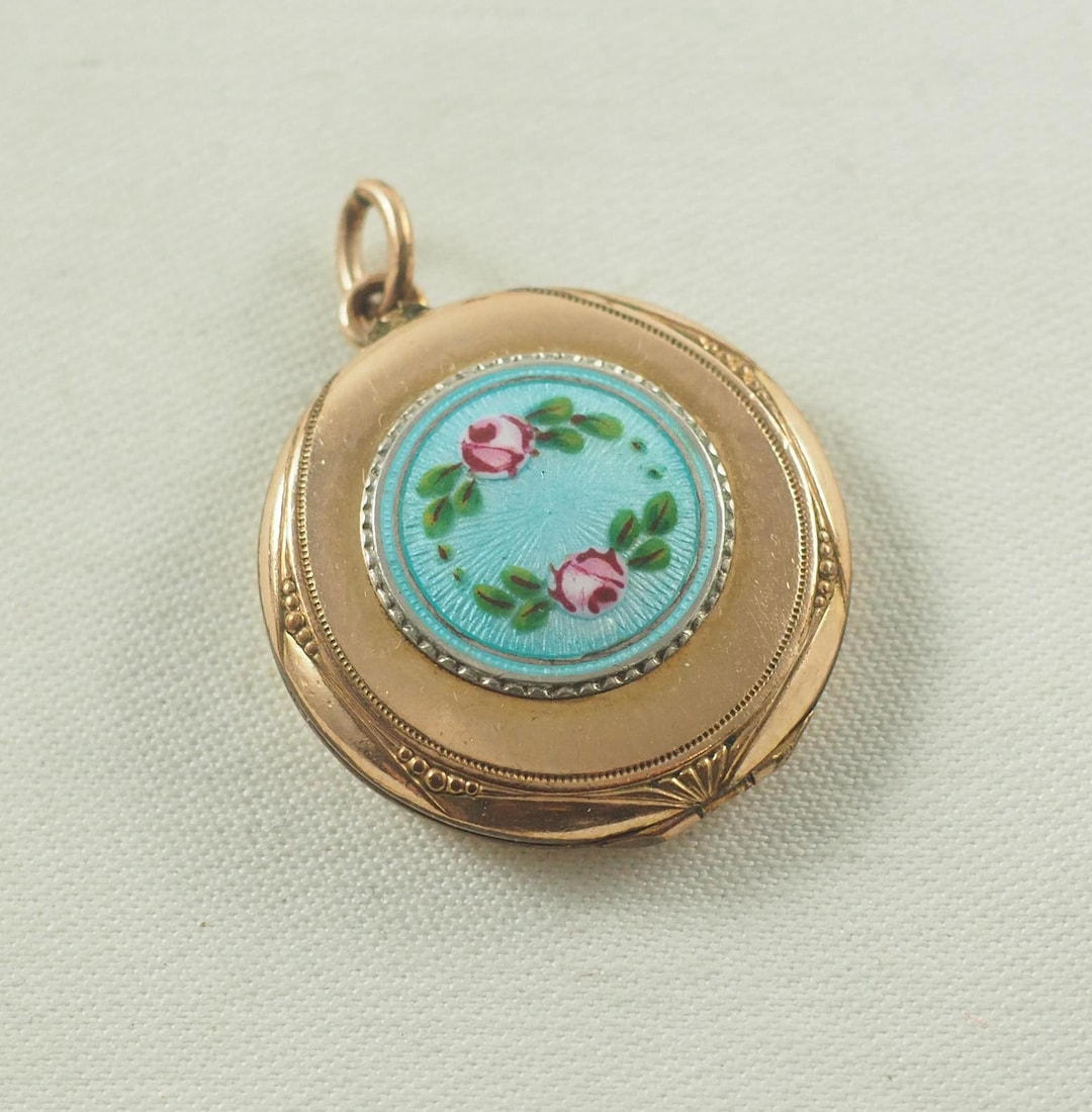 Antique Victorian Arts and Crafts Style Locket in Gold Filled With Blue ...