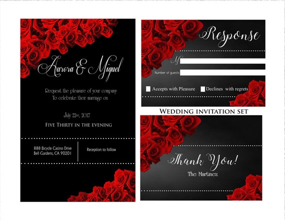 Elegant Red And Black Wedding Invitations Red Roses Custom Etsy