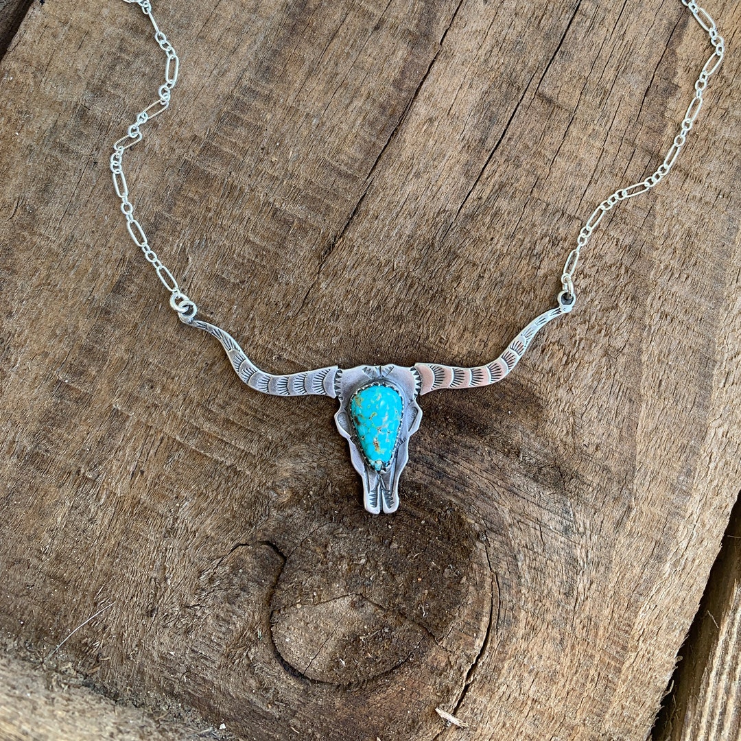 Pequena Longhorn Skull Necklace, Longhorn Necklace, Turquoise Longhorn ...