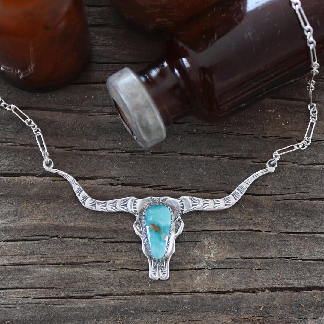 Pequena Longhorn Skull Necklace, Longhorn Necklace, Turquoise Longhorn ...