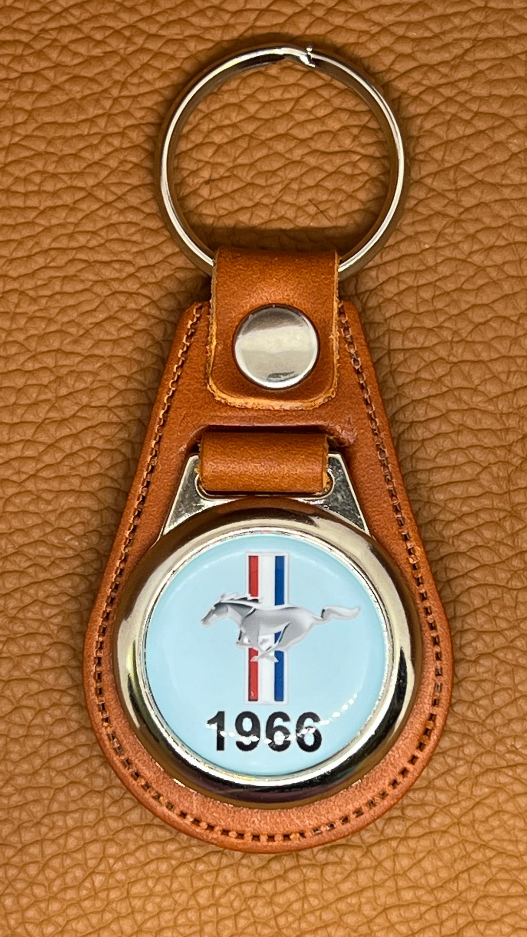 1966 Light Blue Mustang Premium Classic Brown Leather Vintage Keychain ...