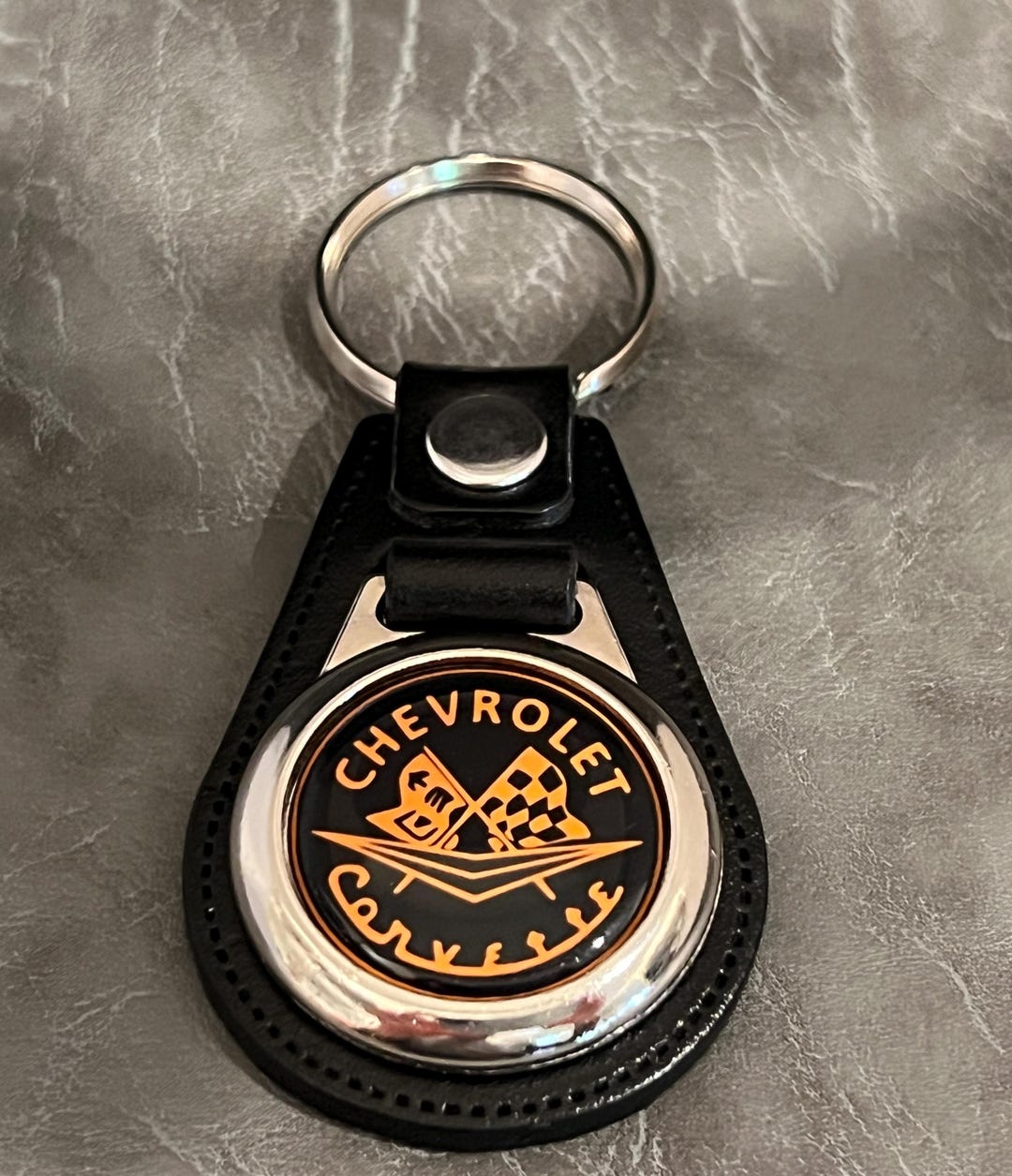 Black & Orange KEYCHAIN on Black Leather Silver Trim C5 C3 C7 Ect ...