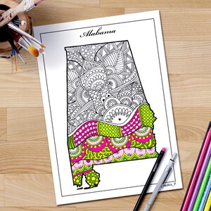 Adult coloring page Alabama state map printable coloring | Etsy