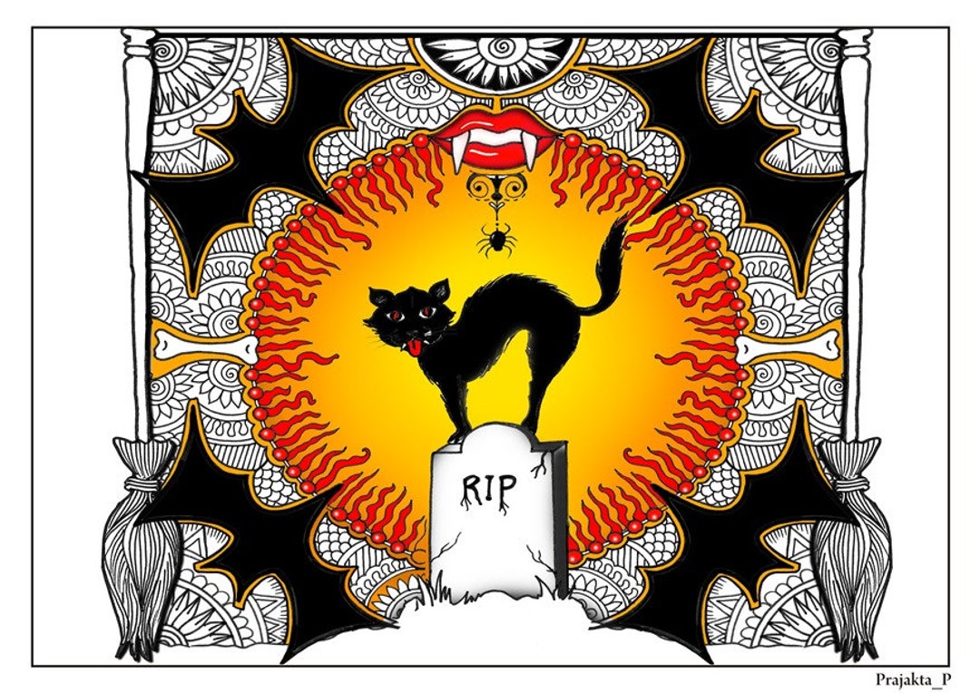 Halloween Black Cat Adult Coloring Page Printable, Spooky Printable ...