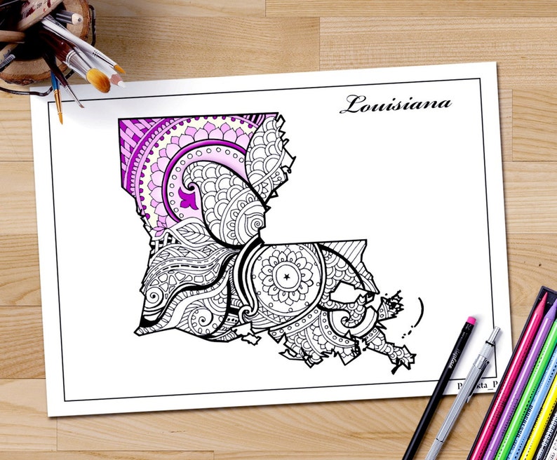 Louisiana state map Adult coloring page printable July 4th | Etsy