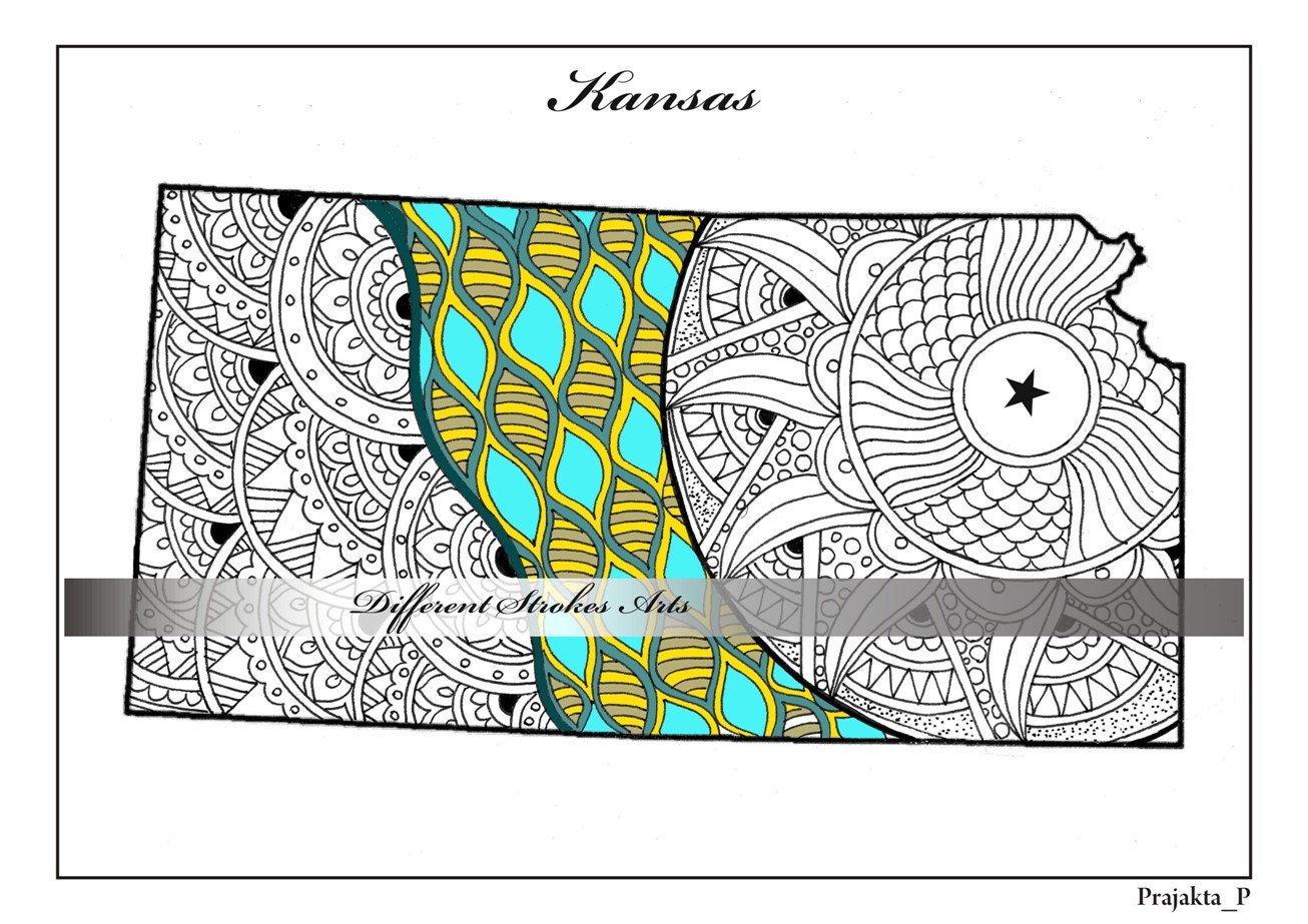 Adult coloring pages instant download Kansas map coloring | Etsy