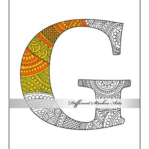 Zentangle alphabet coloring pages for adults letter G doodle | Etsy