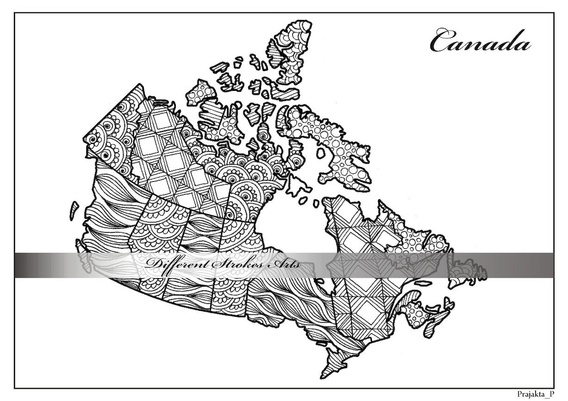 Adult coloring page Zentangle Canada colouring travel map of | Etsy
