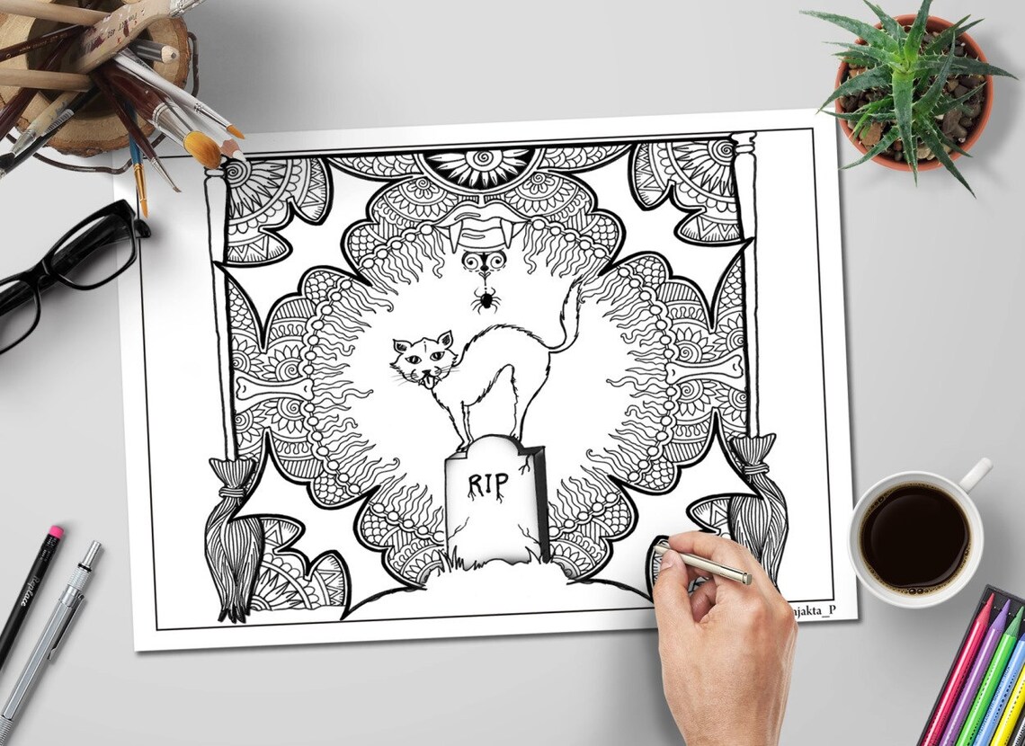 Halloween Black Cat Adult Coloring Page Printable Spooky | Etsy